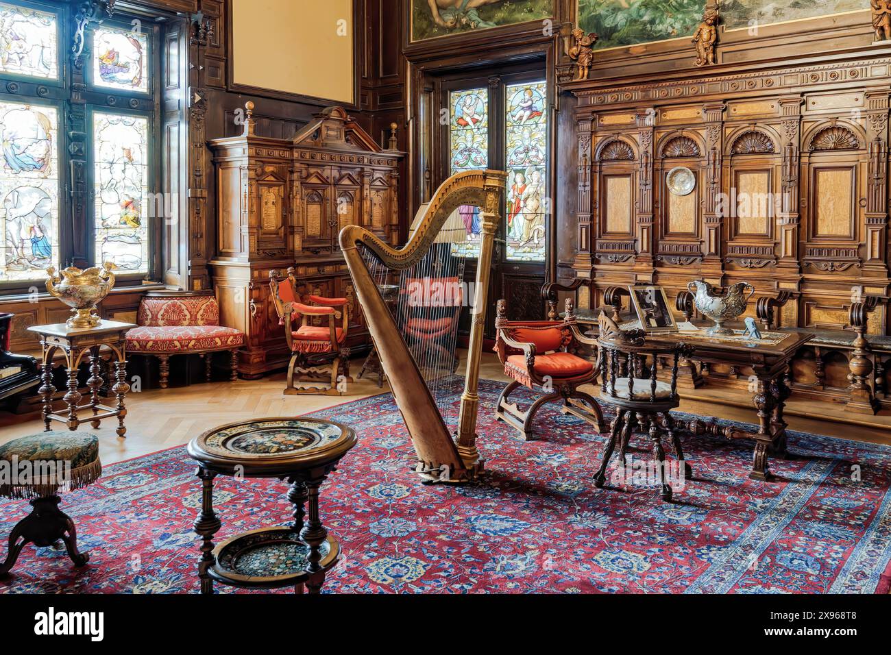 Interior decoration with a harp in the middle of the music room, Peles ...