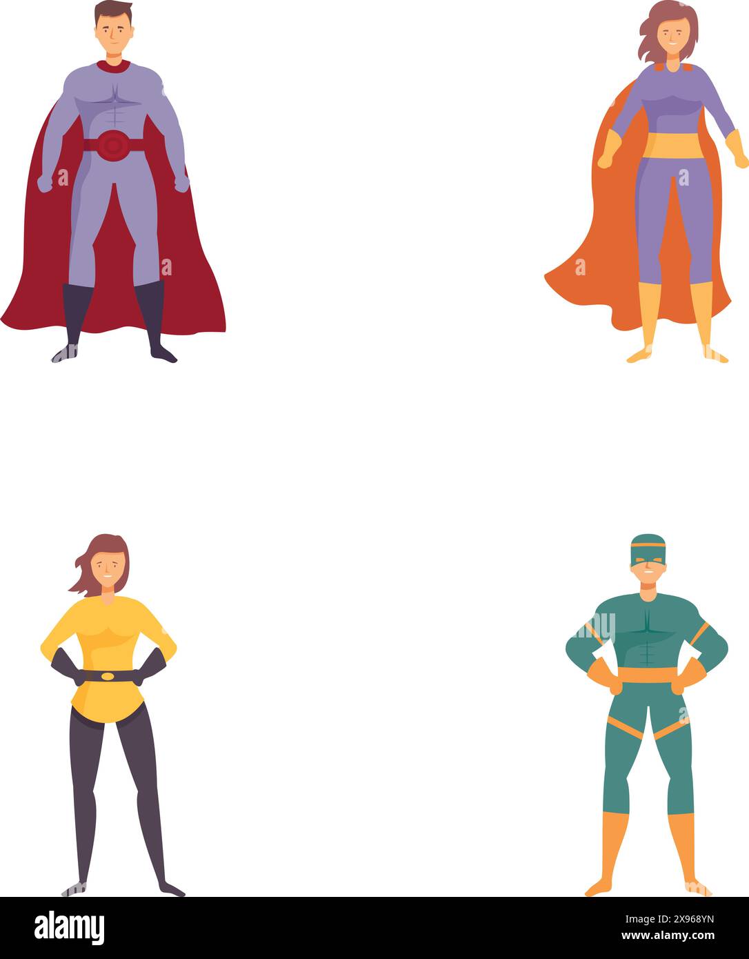 Illustration set showcasing a diverse team of superheroes in colorful ...