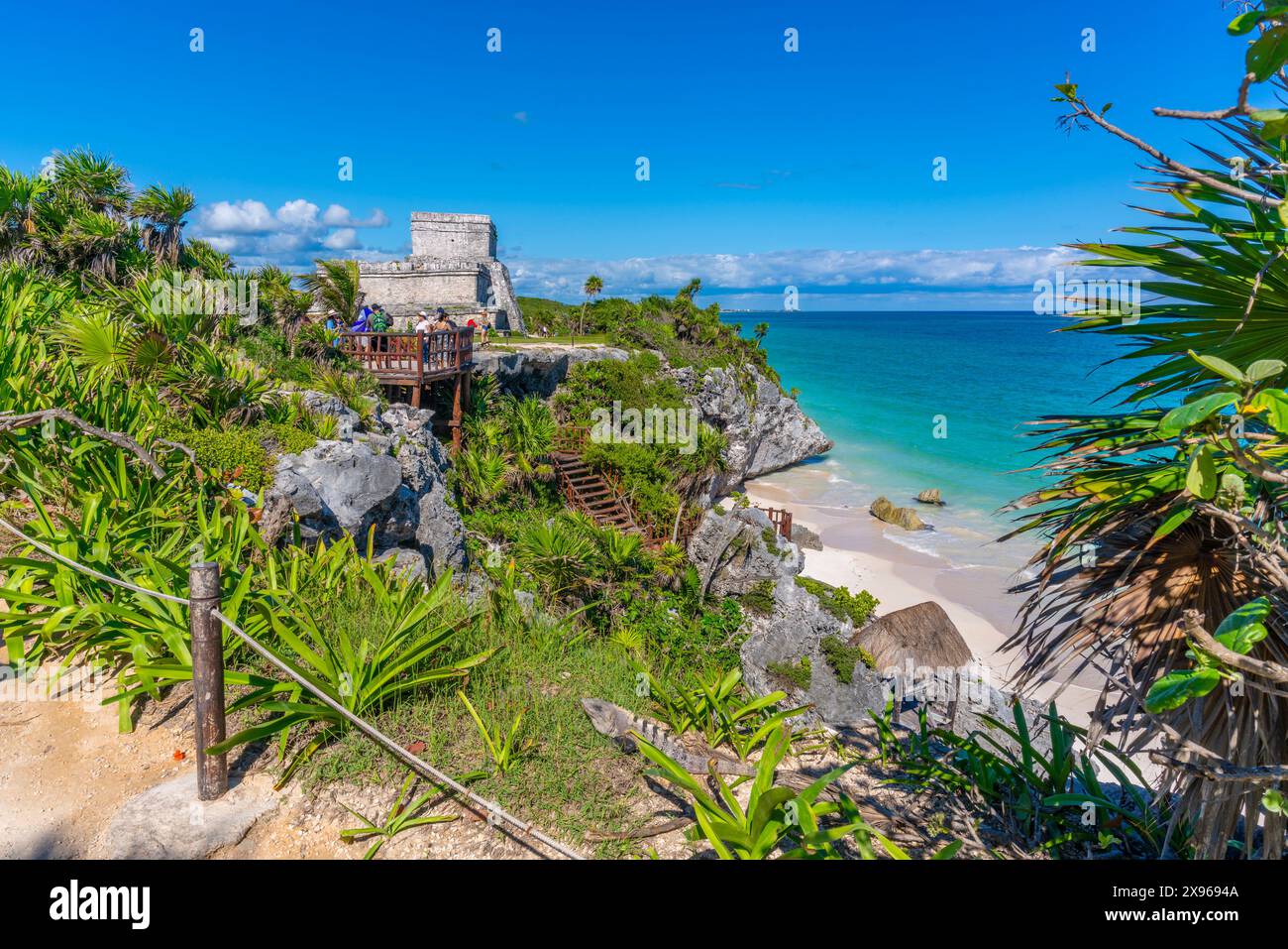 View of Mayan Temple ruins overlooking the sea, Tulum, Quintana Roo ...