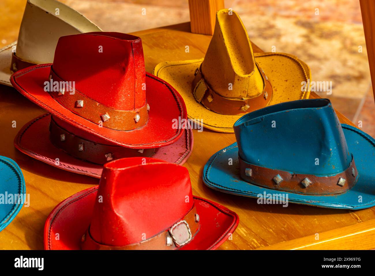View of souvenir hats near Puerto Morelos, Caribbean Coast, Yucatan ...
