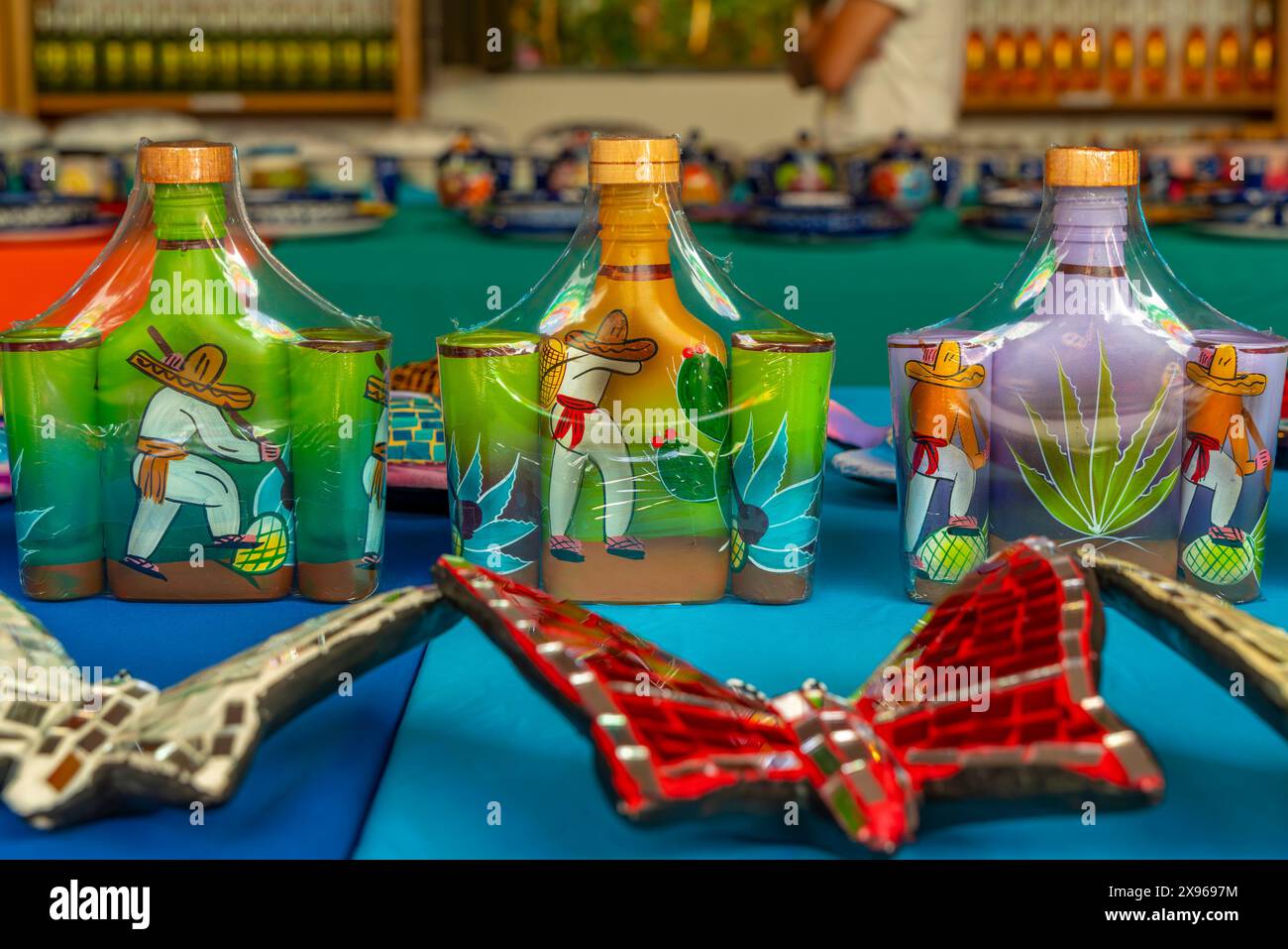 View of tequila bottles near Puerto Morelos, Caribbean Coast, Yucatan ...