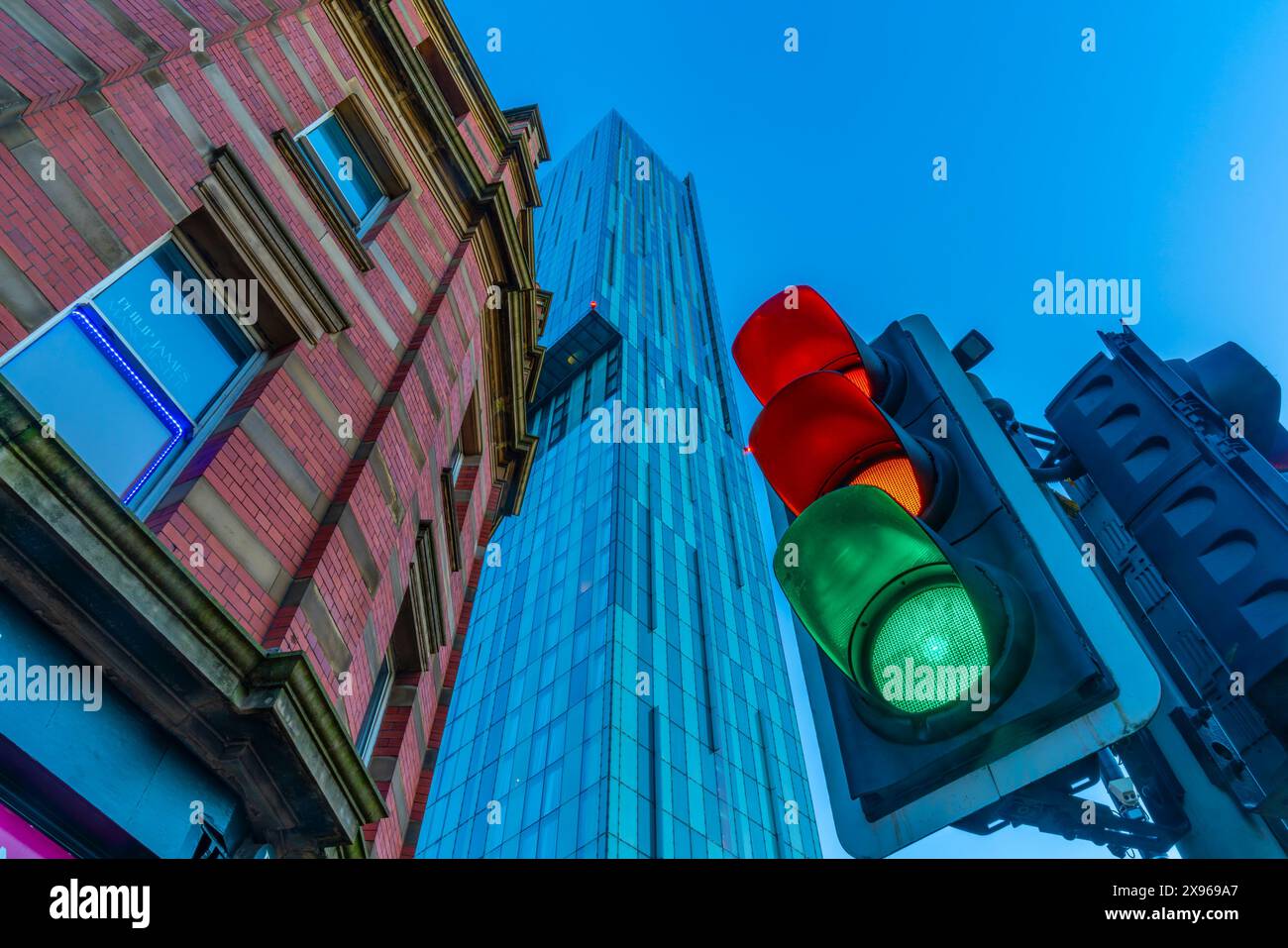 View of traffic lights and Beetham Tower, Manchester, Lancashire ...