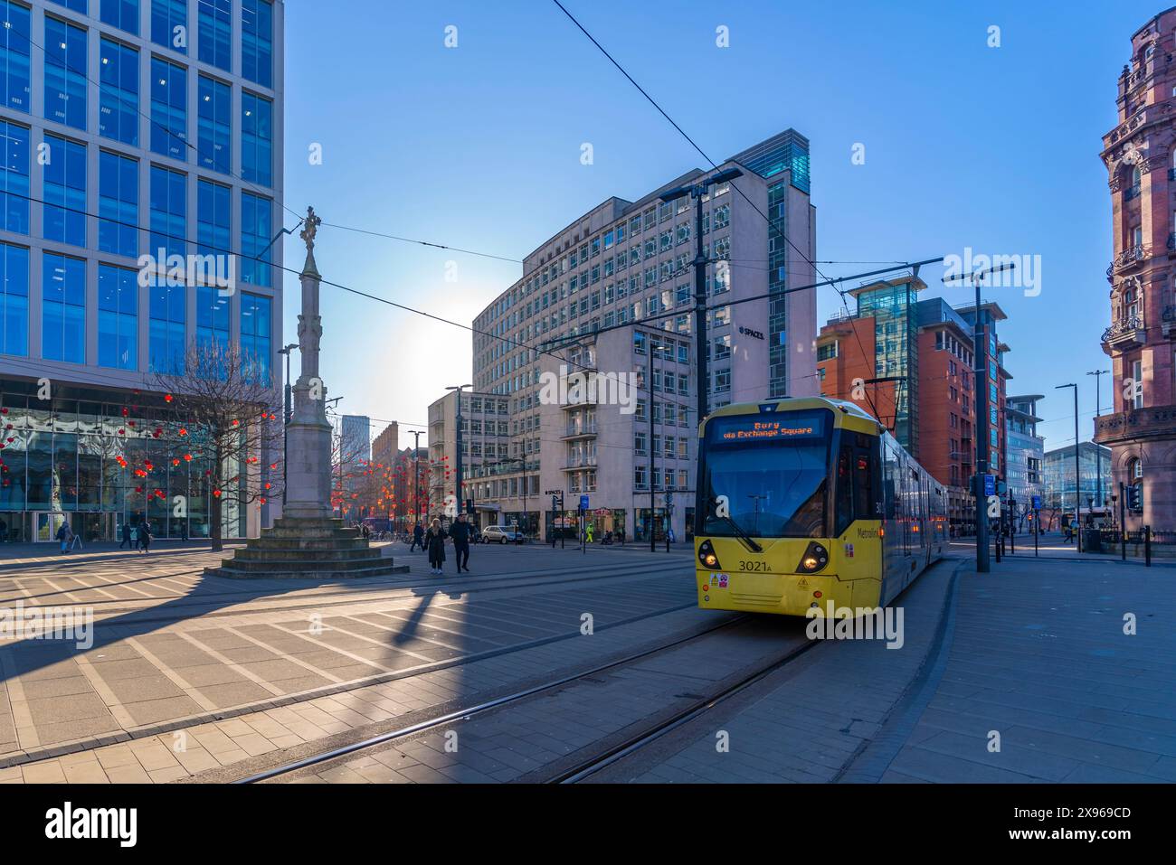View of city tram in St. Peter's Square, Manchester, Lancashire ...