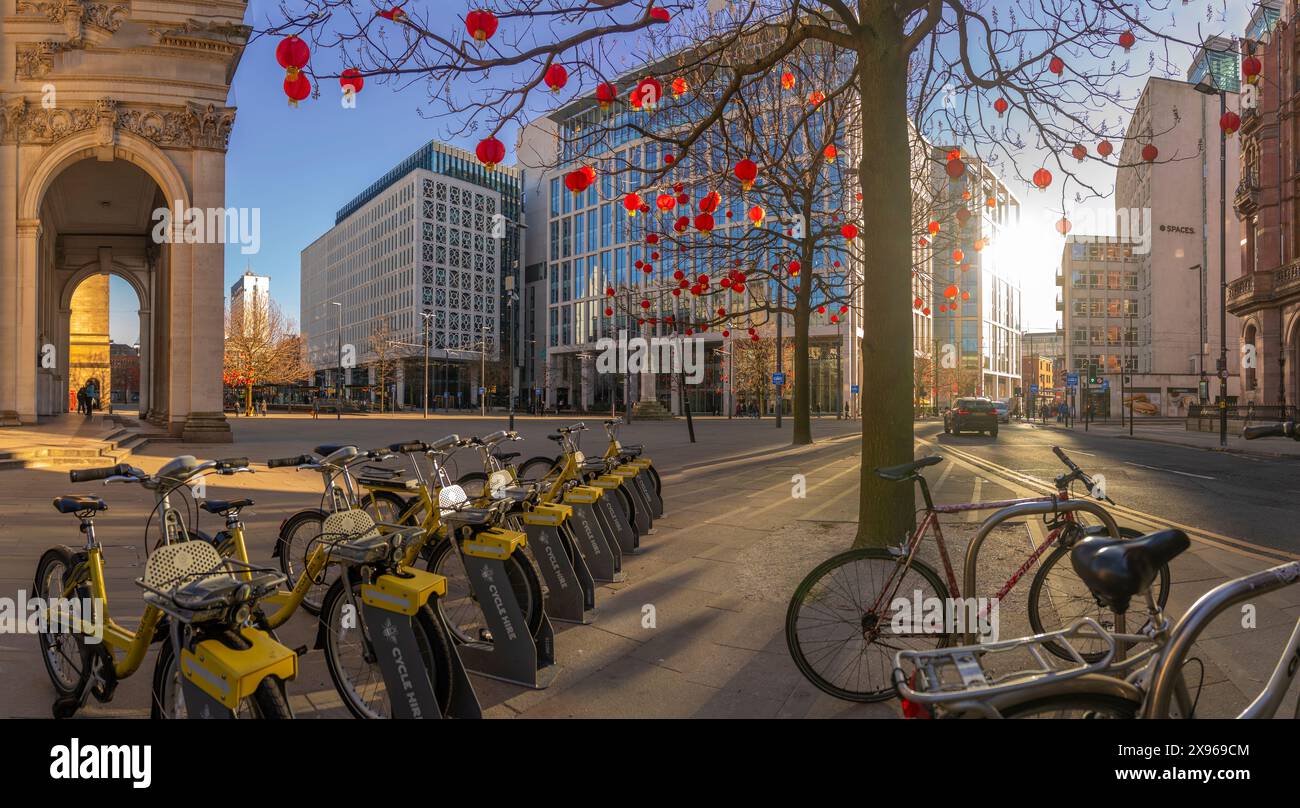 View of cycle hire, Chinese lanterns and Central Library in St. Peter's ...