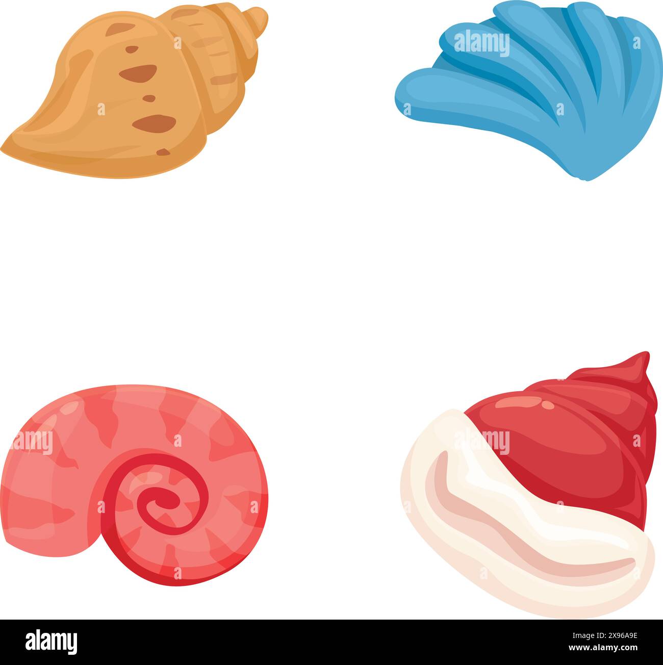 Four cartoonstyle sea shells, each with a unique shape and color ...