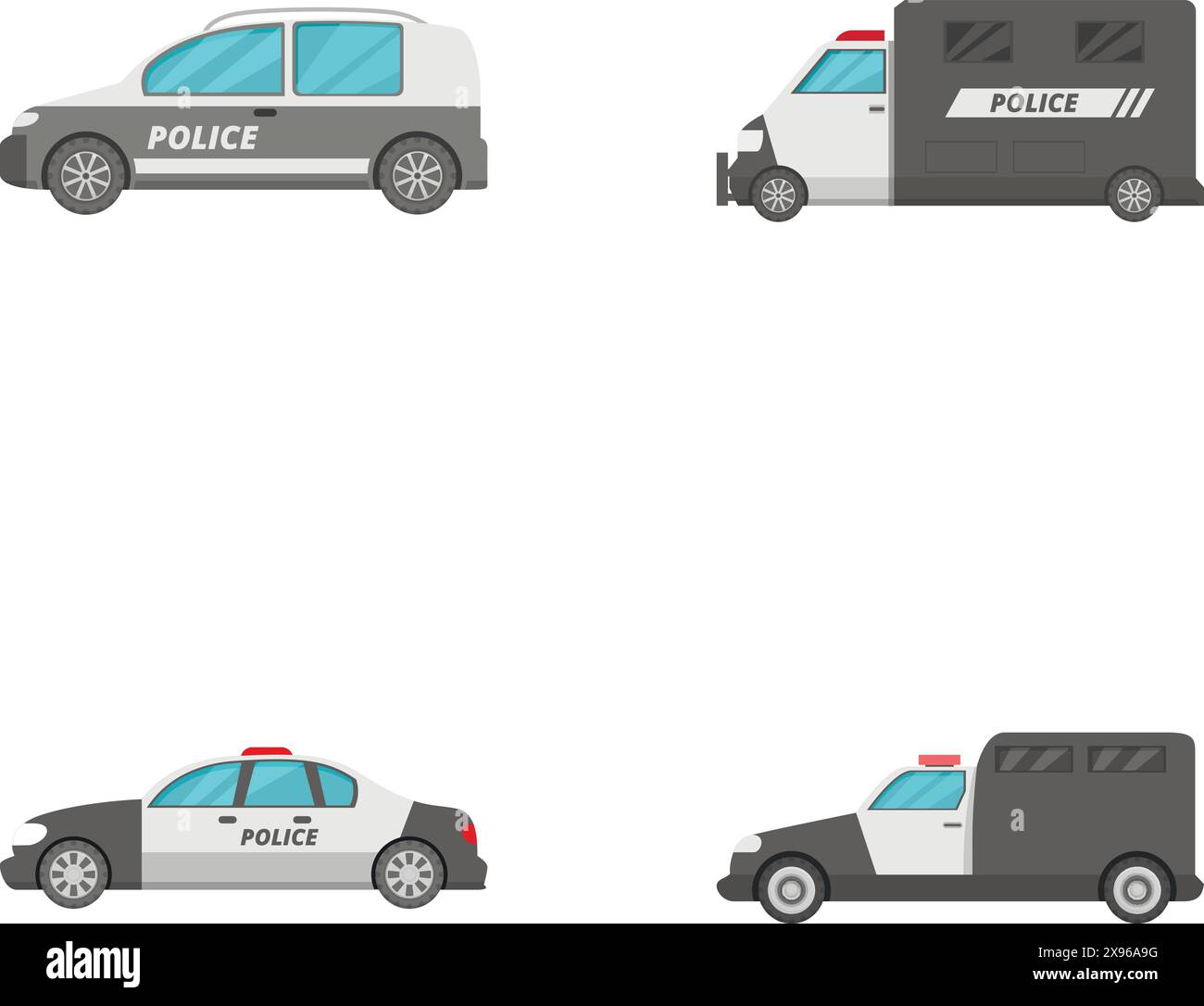 Illustration of various cartoonstyle police vehicles, including cars ...