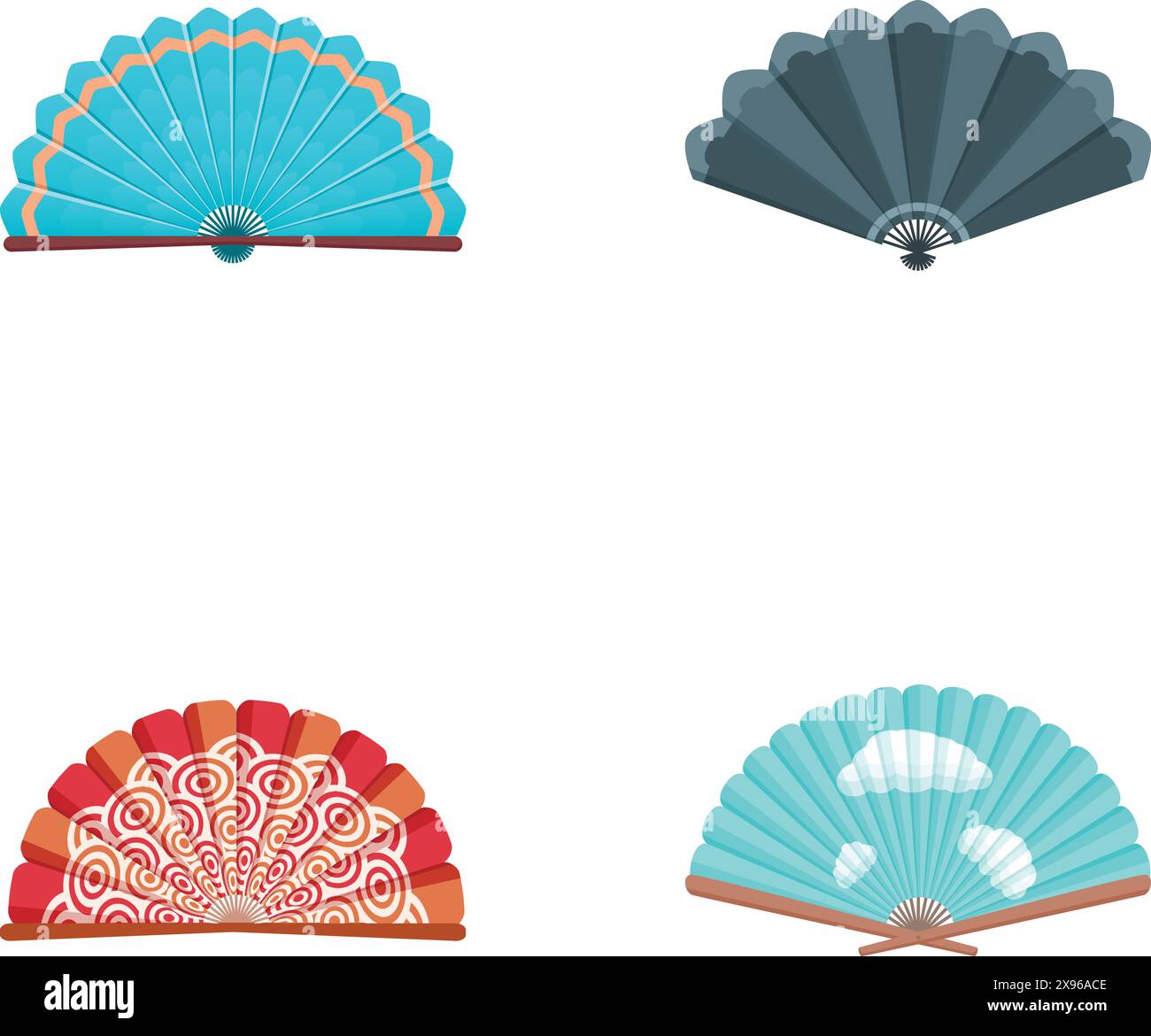 Vector illustration of four decorative hand fans in various colors and ...