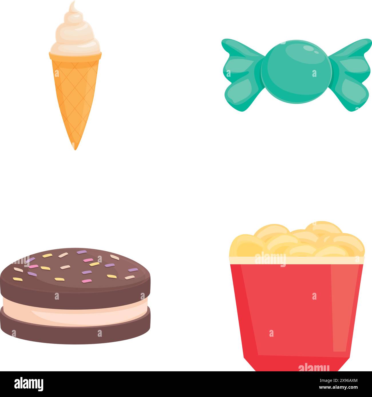 Collection of colorful flat icons depicting various snacks and sweets ...