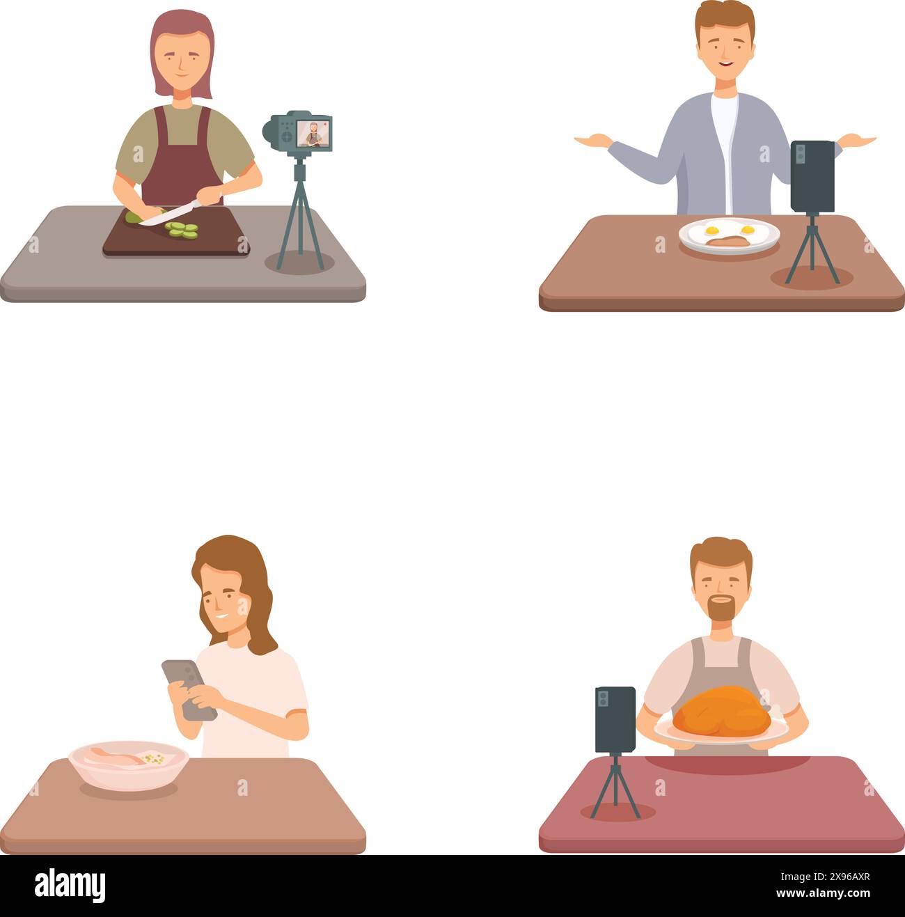 Set of illustrations featuring diverse food bloggers recording ...