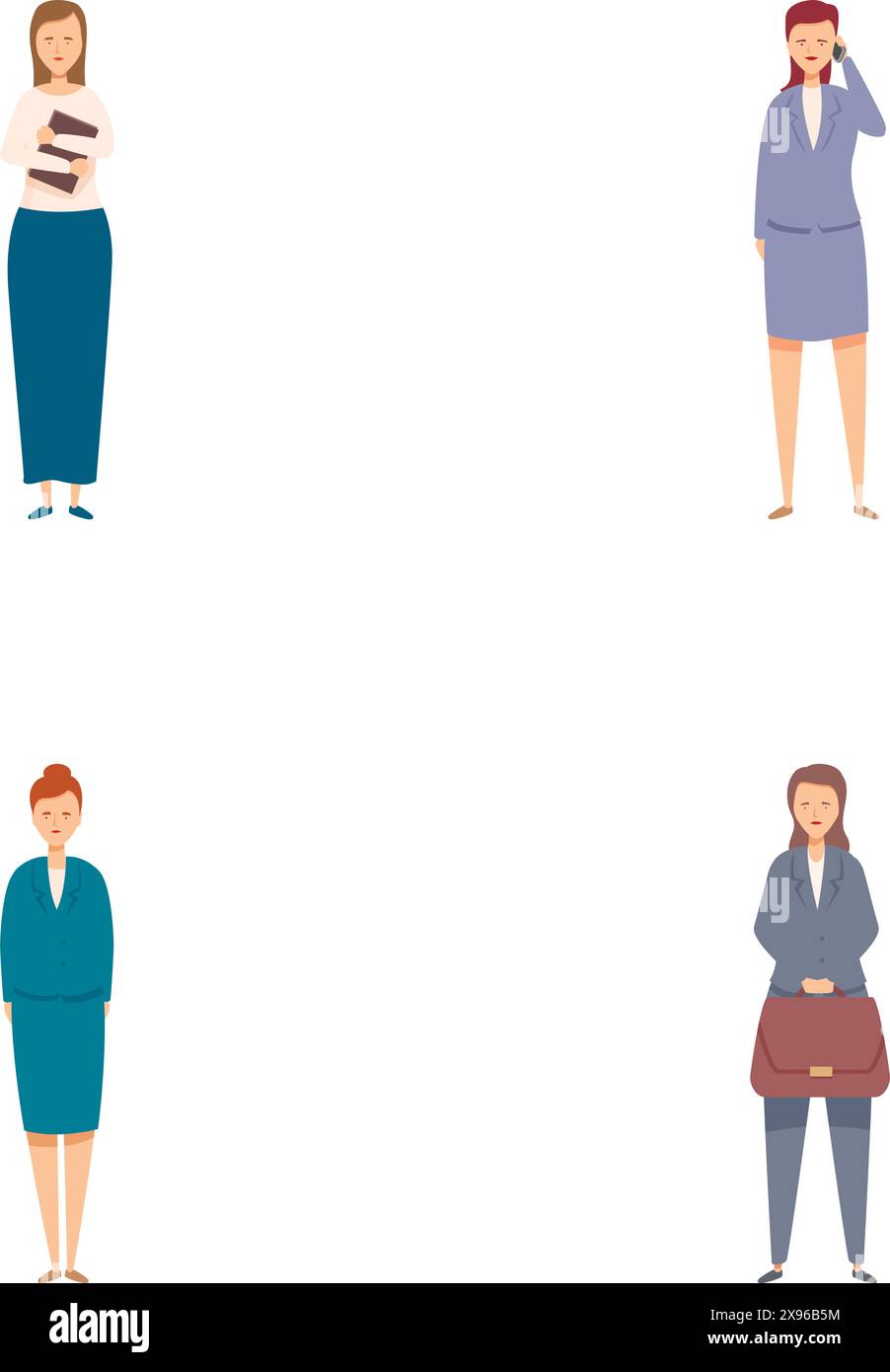 Collection of four diverse illustrated businesswomen standing in different professional poses ...