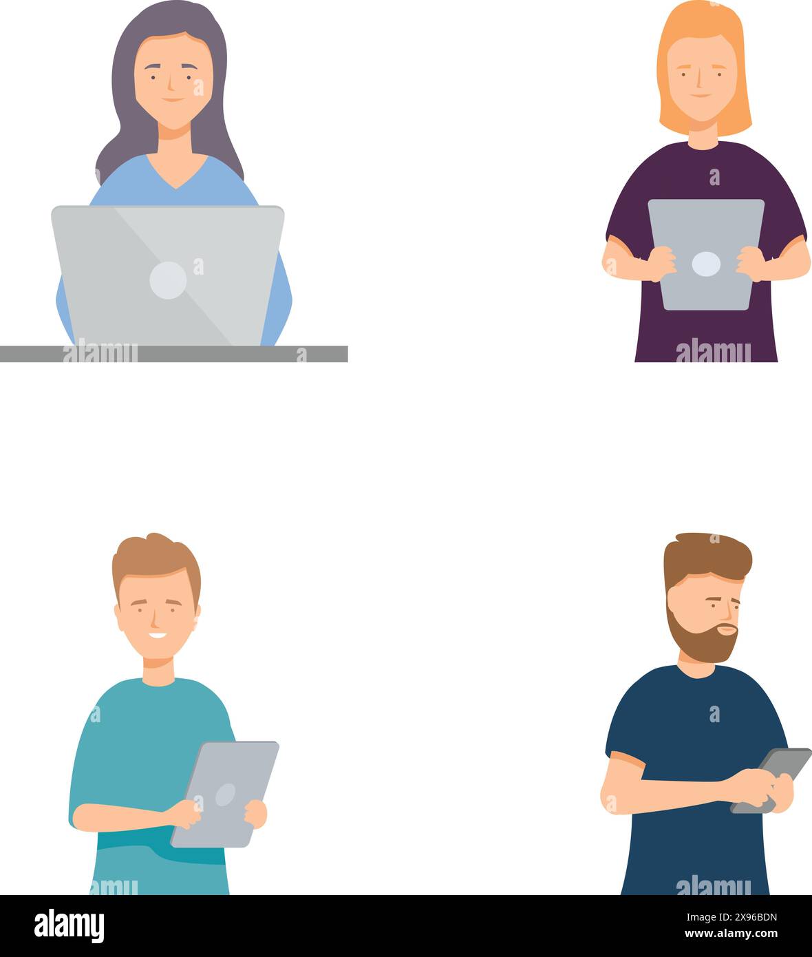 Vector illustrations of four individuals using laptops and tablets ...