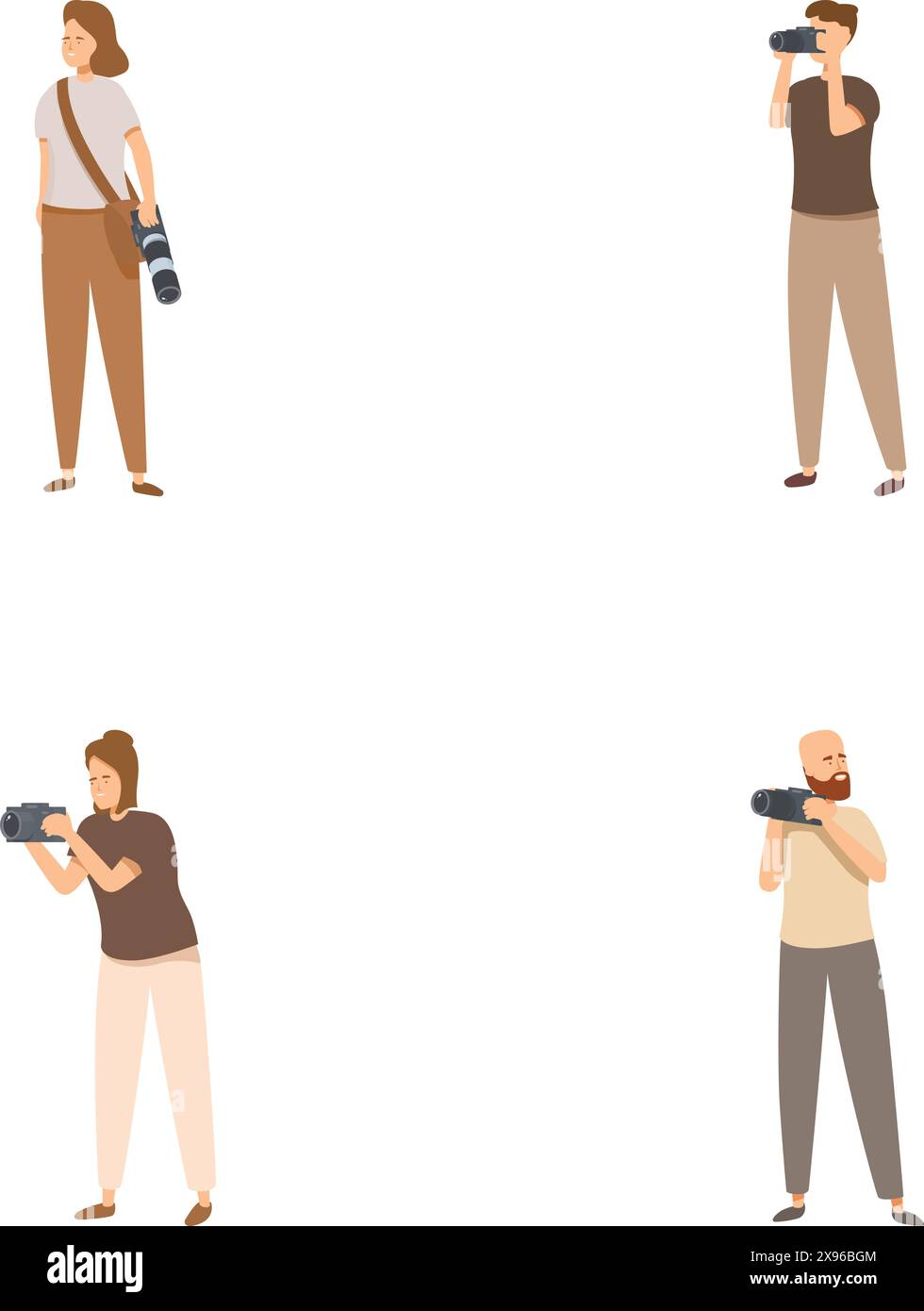 Set of four illustrations showing photographers with cameras in ...