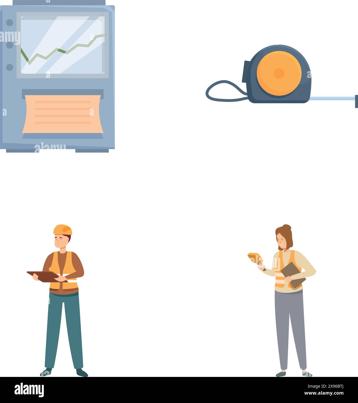 Vector set featuring a graph monitor, tape measure, and two workers ...