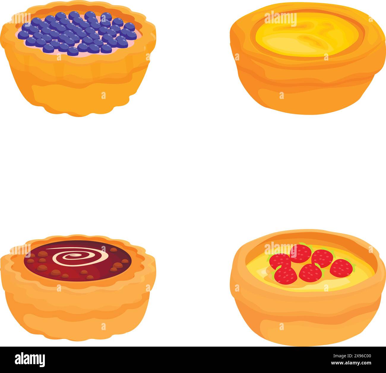 Collection of colorful cartoon tarts with different toppings, perfect for dessertthemed designs ...