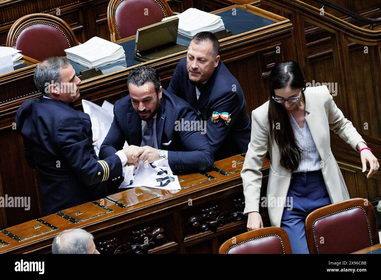 Roma, Italia. 29th May, 2024. Il deputato del Movimento 5 Stelle Leonardo Donno tenta di ...