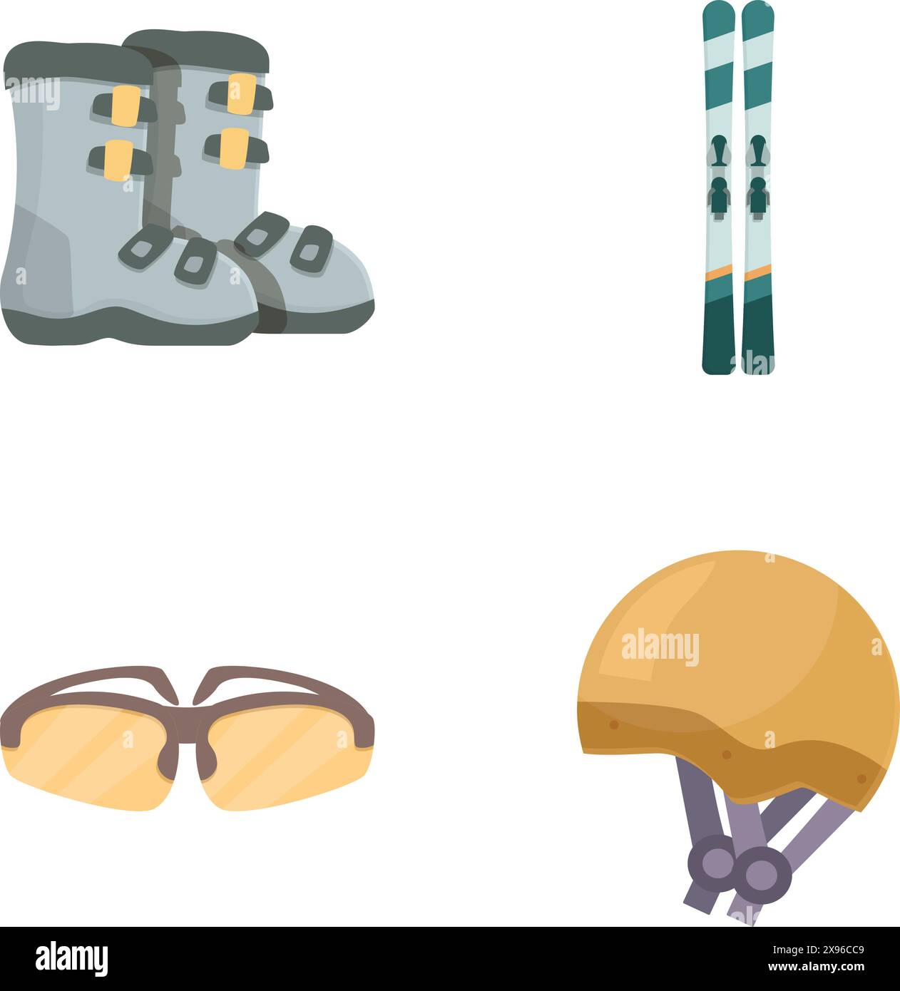 Collection of colorful winter sports icons featuring boots, skis ...