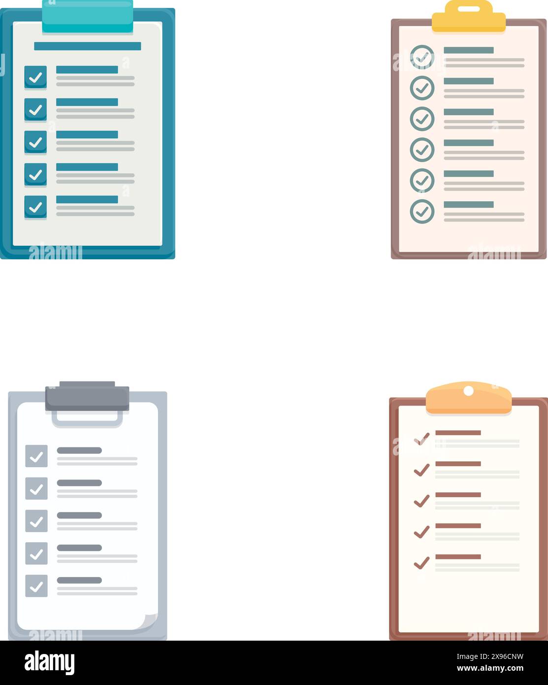 Four flat design icons depicting various checklist clipboards with ...