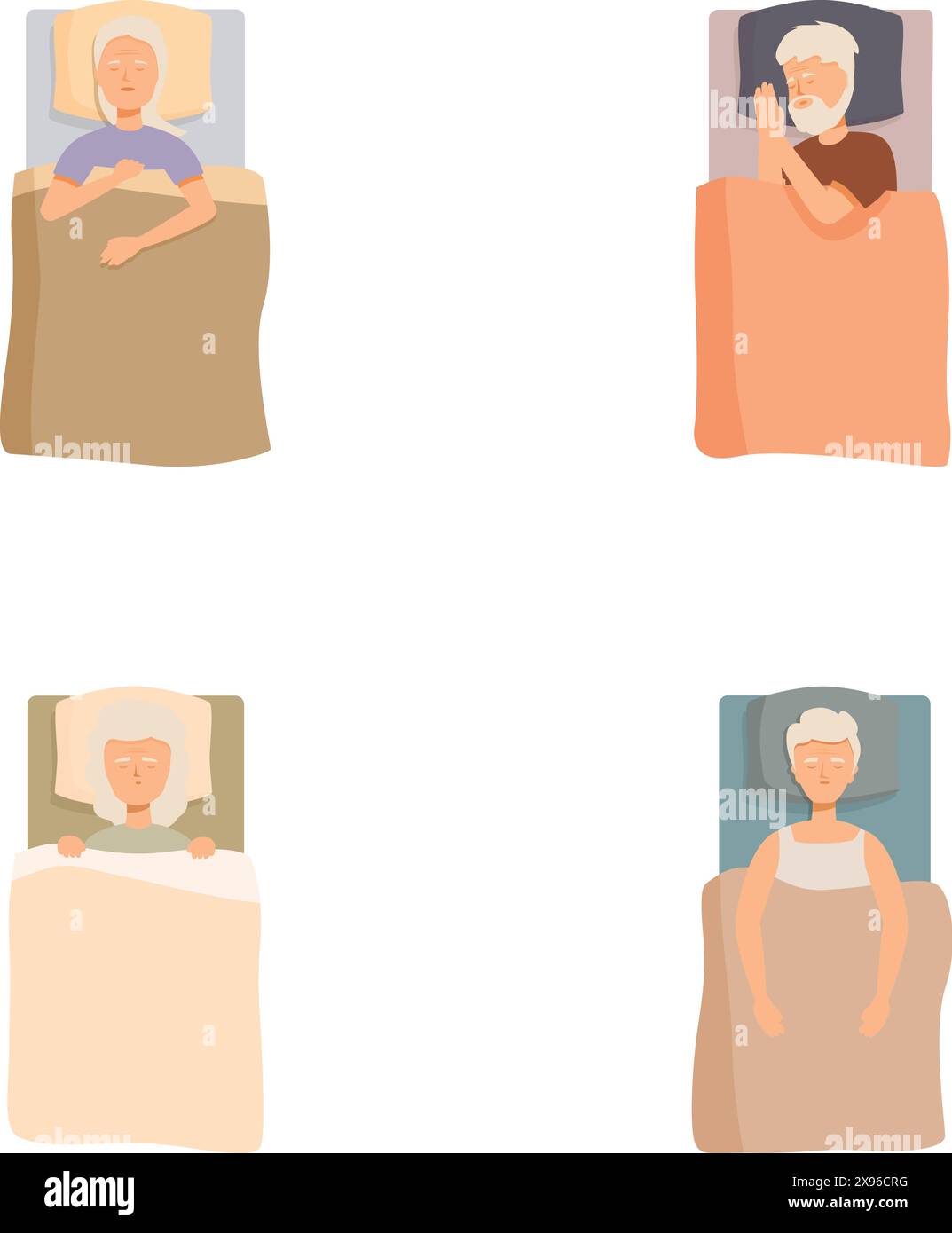 Set of four minimalist illustrations showing diverse people sleeping ...