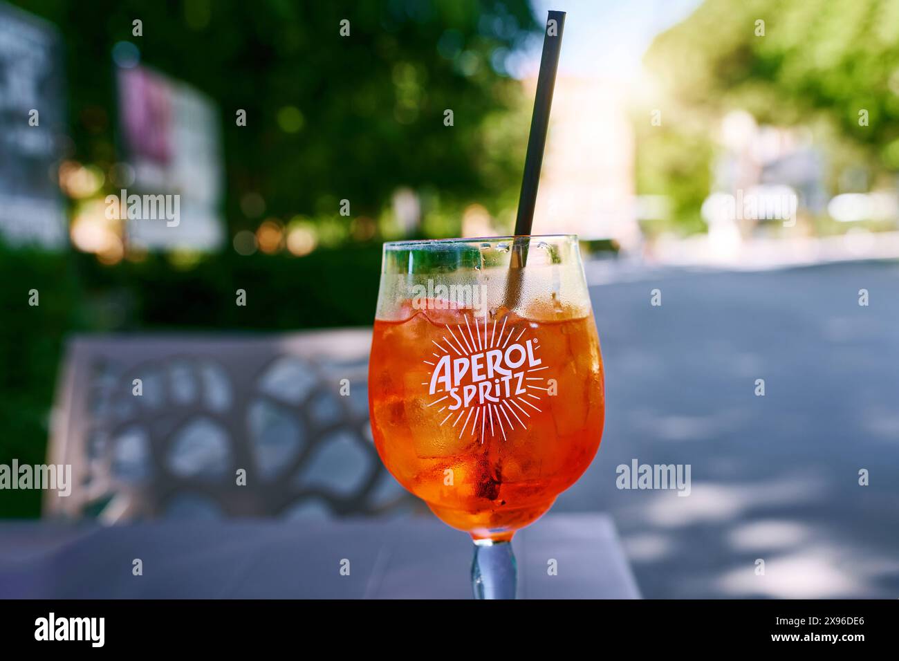 Ancona, Italy - 10 May 2024: Cocktail Aperol Spritz in a glass with ice ...