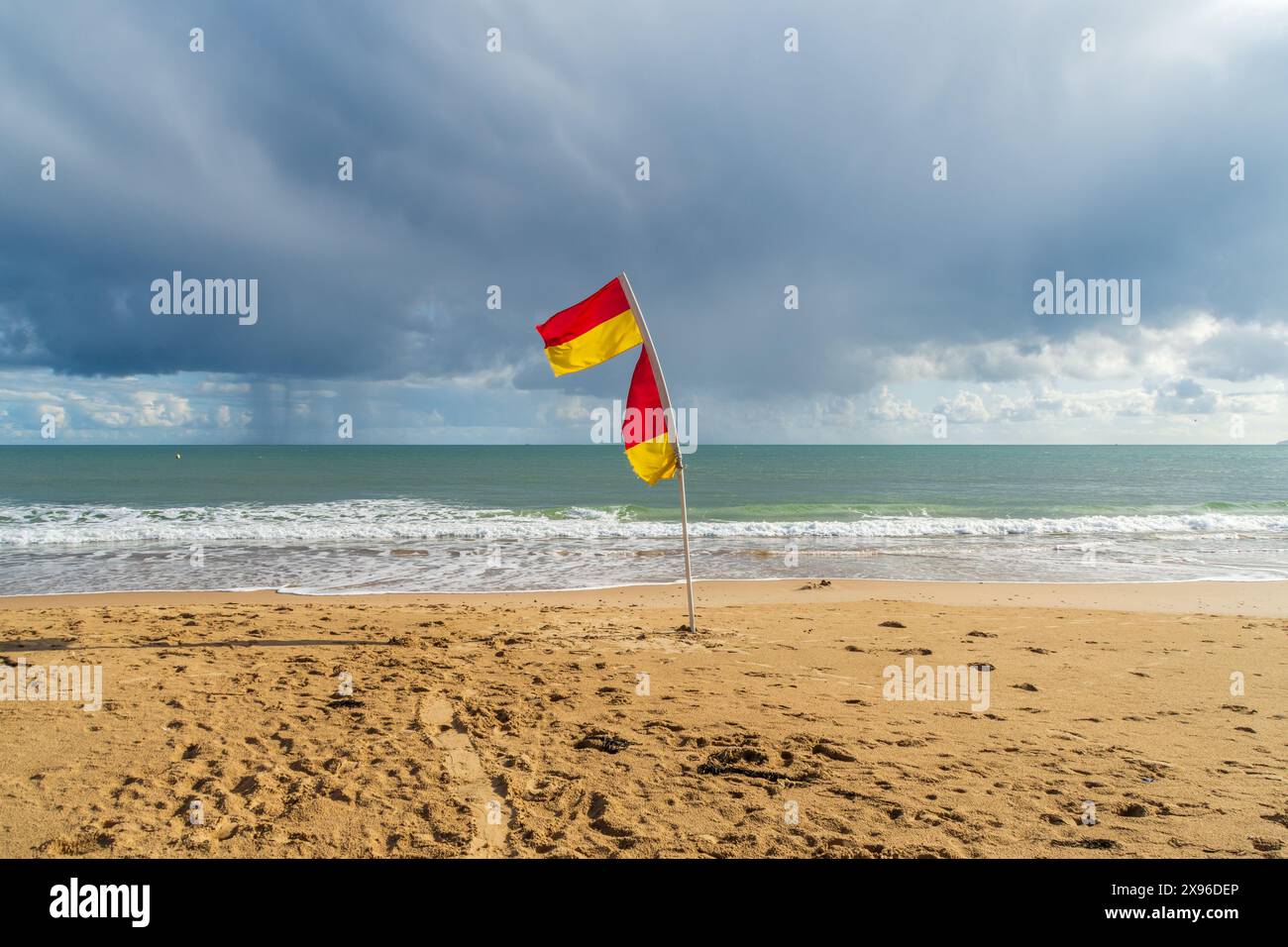 Bournemouth, UK - September 22nd 2023: Beach safety flags on the East ...