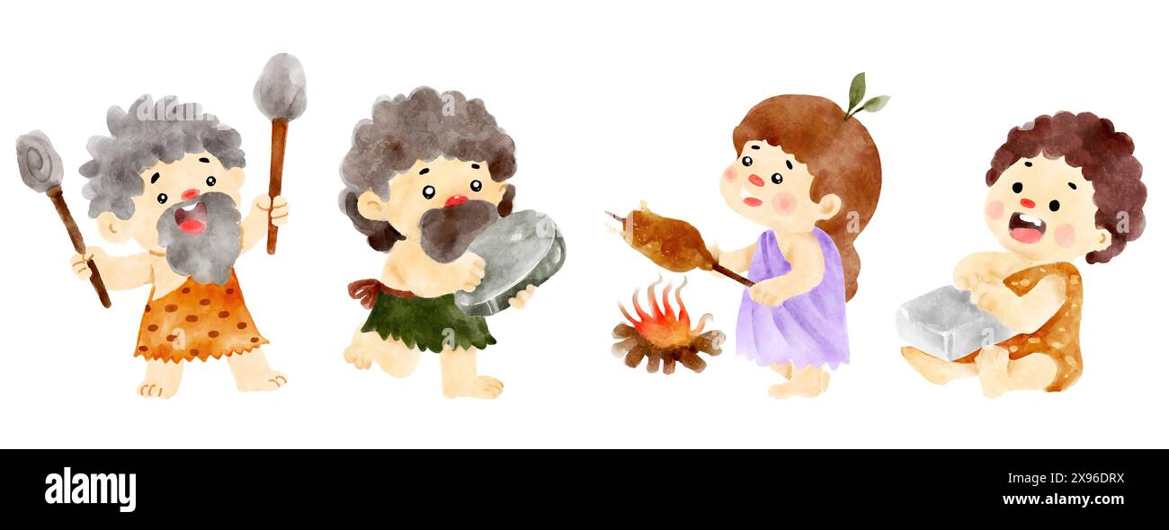 Stone age man . Cuet cartoon character . Watercolor paint design ...