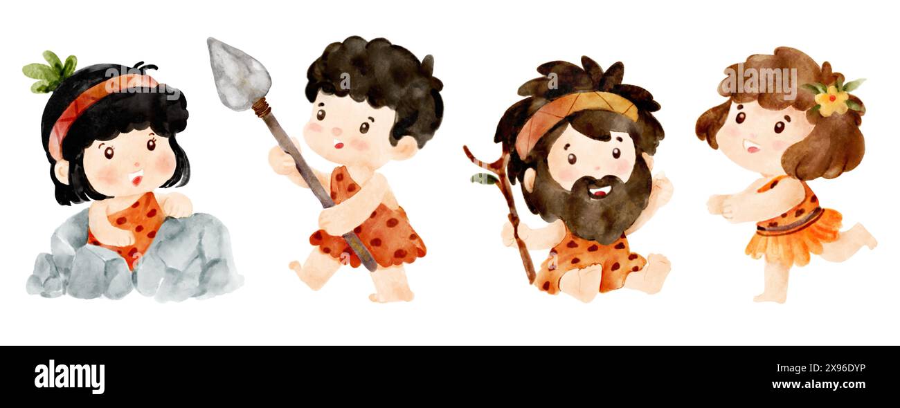 Stone age man . Cuet cartoon character . Watercolor paint design ...