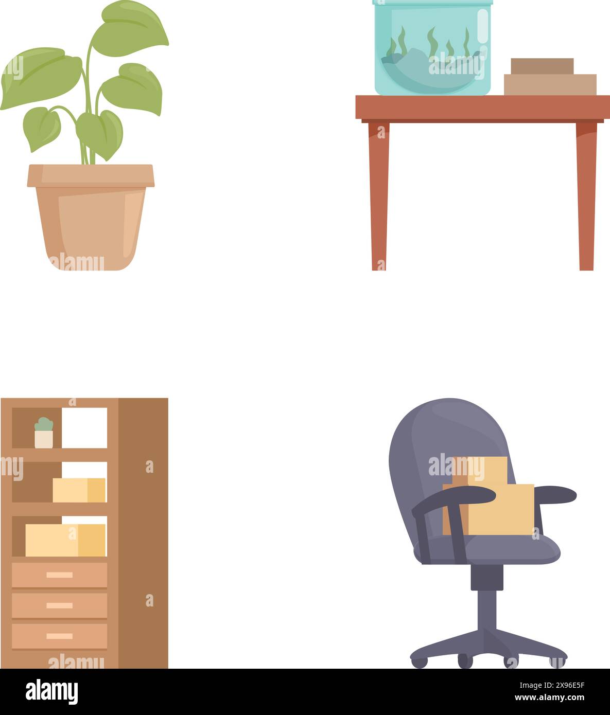 Collection of officethemed vector illustrations including a potted ...
