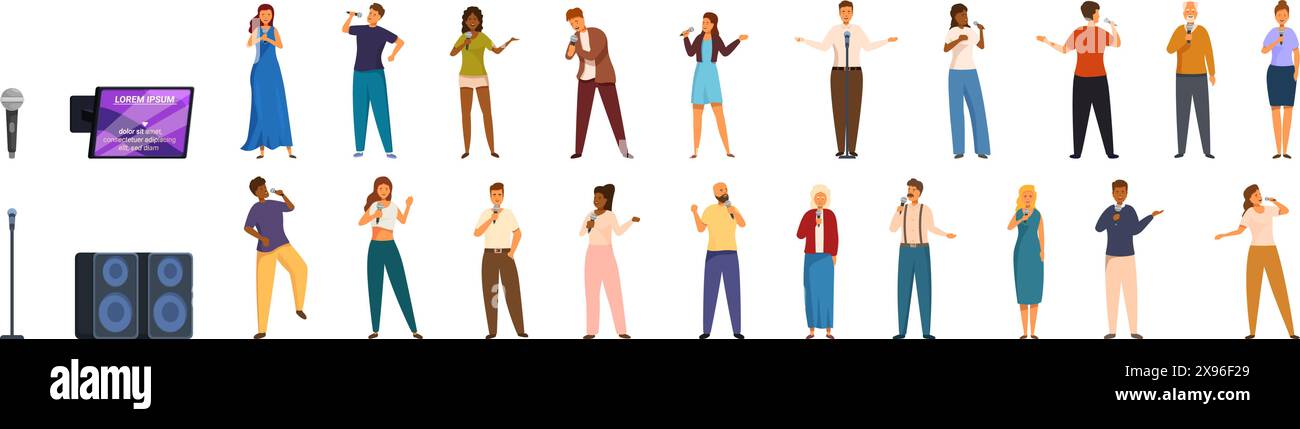 People karaoke icons set vector. A group of people are singing and ...
