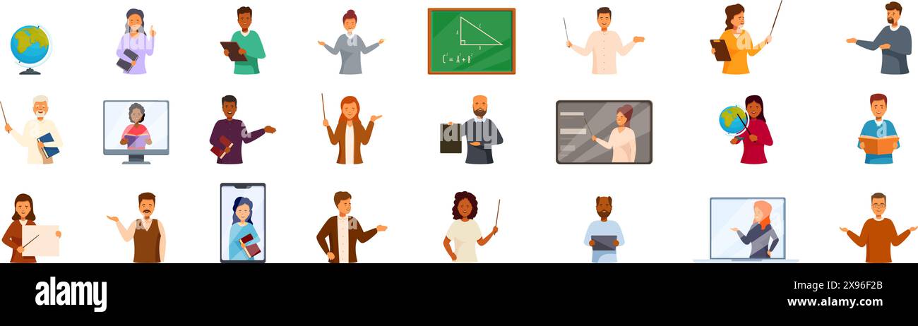 Teachers explain icons set vector. A collection of cartoon characters ...