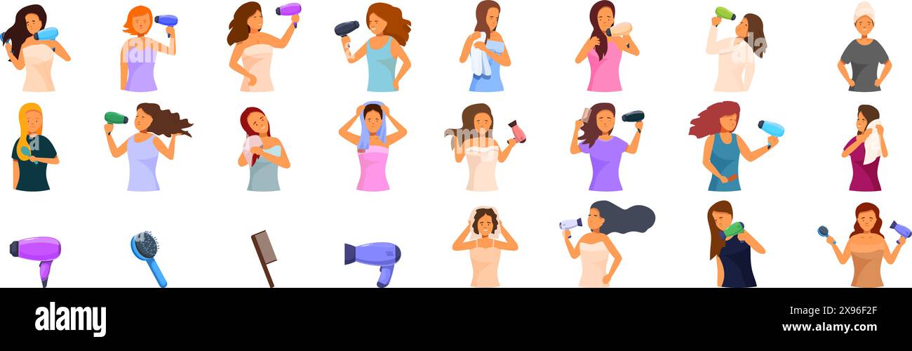 Girl dries hair icons set vector. A collection of women in various ...
