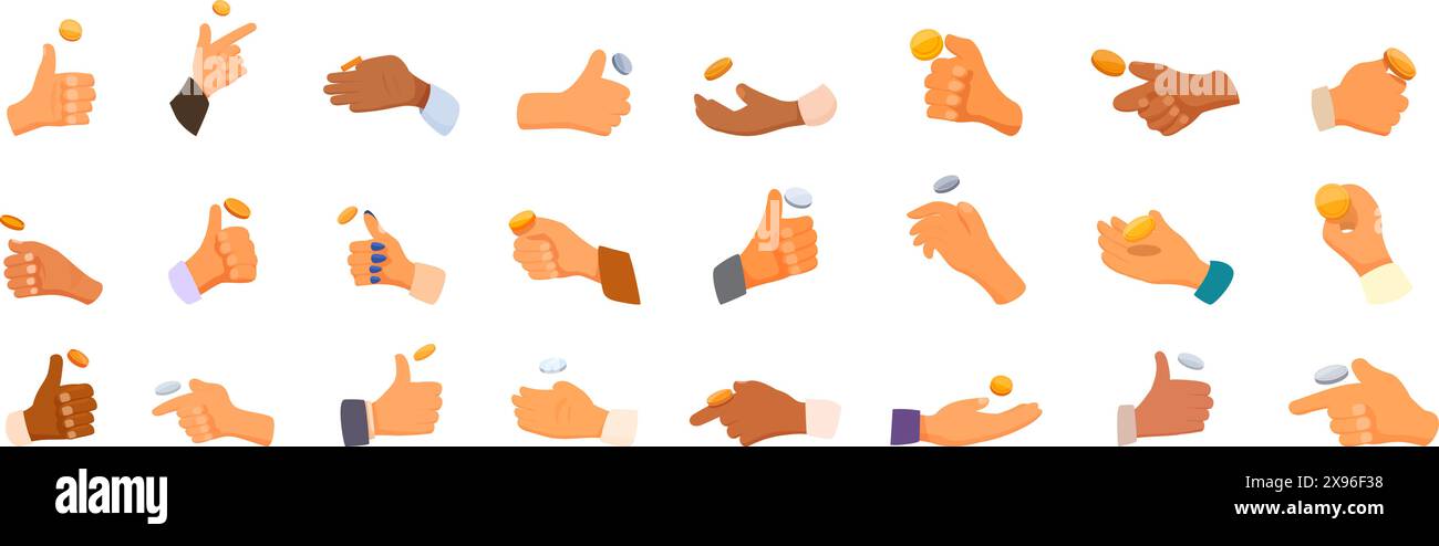 Hand flips coin icons set vector. A collection of cartoon hands holding ...