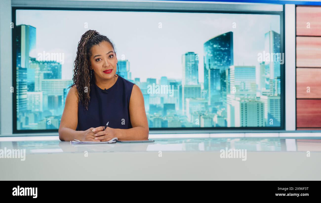 TV Studio Live News Program: Black Female Presenter Reporting on ...