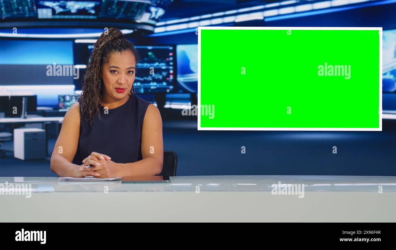 Newsroom TV Studio Live News Program: Caucasian Female Presenter ...