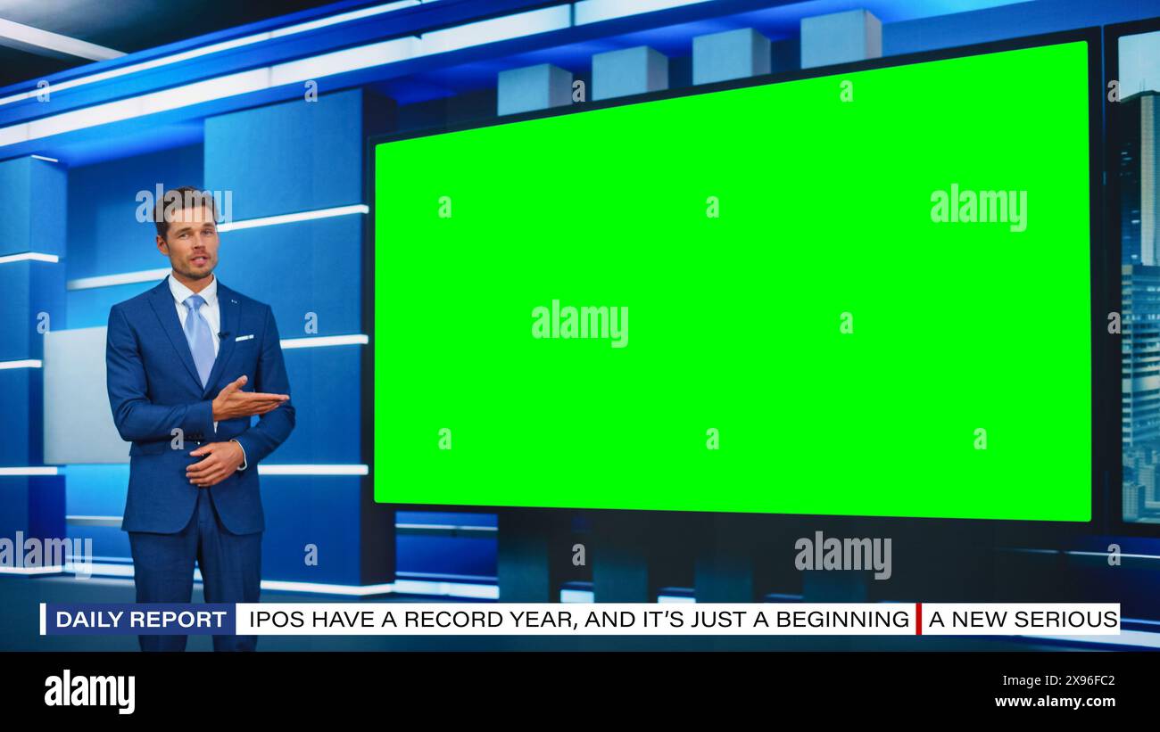 Talk Show TV Program: Handsome White Male Presenter Standing in ...