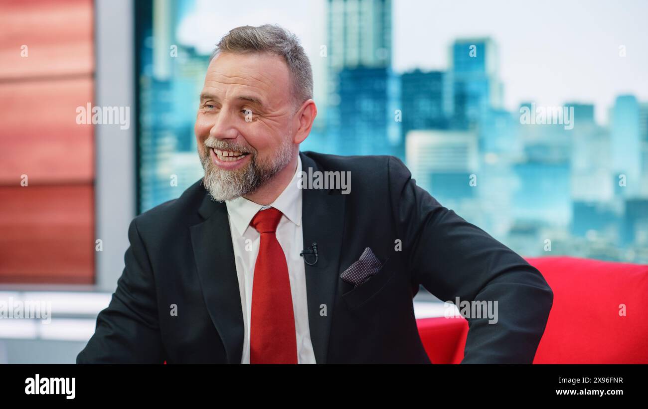 Talk Show TV Program, News Discussion: Cheerful White Male Presenter ...