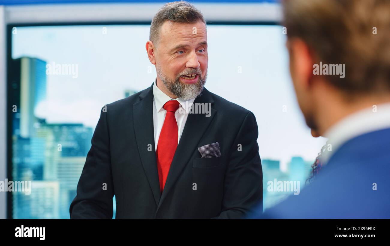 Talk Show TV Program: Portrait of White Male Expert Argues with other ...