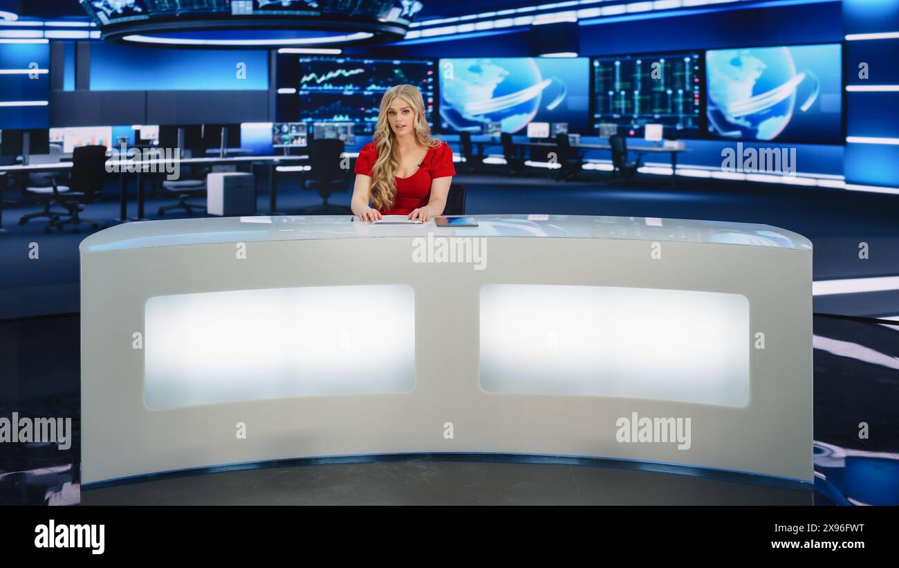 TV Live News Program with Professional Female Presenter Reporting ...