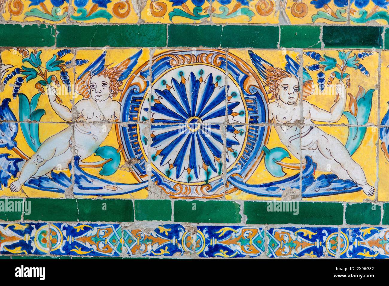 Angels depicted on vibrant, old ceramic tiles at the Fine Arts Museum ...