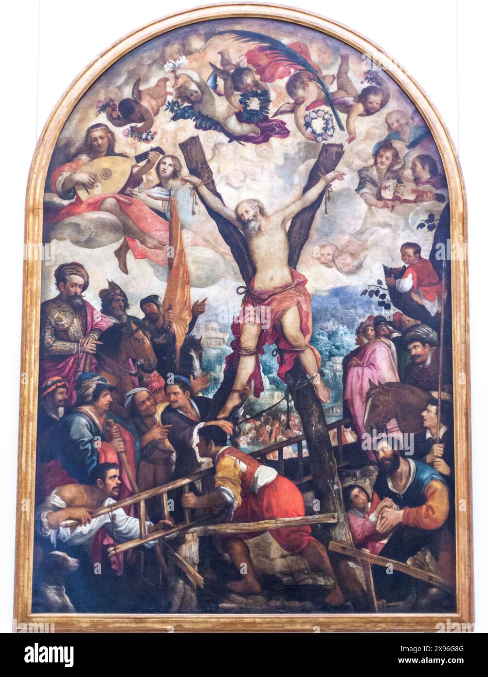 St Andrew being crucified, surrounded by onlookers and angels in a vibrant, dramatic composition ...