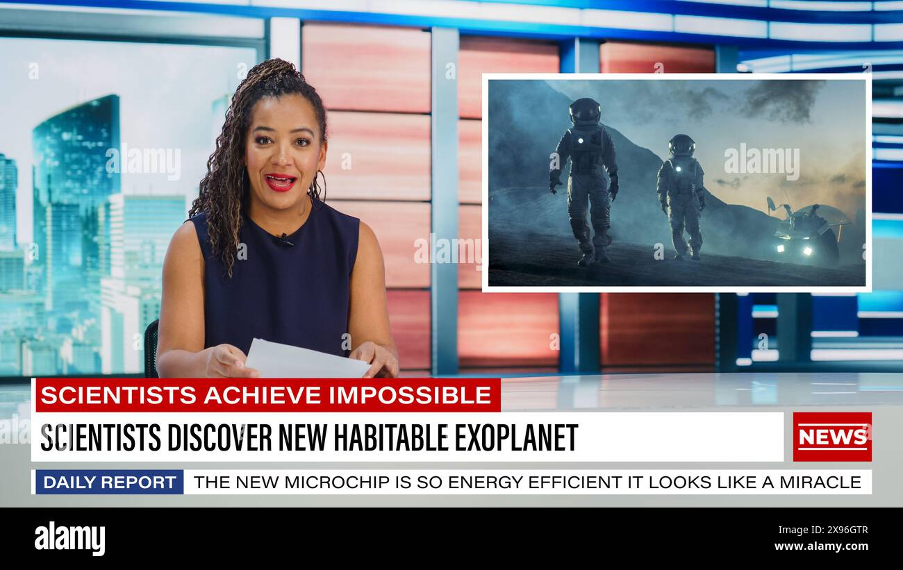 Split Screen TV News Live Report: Anchorwoman Talks. Reportage Montage ...