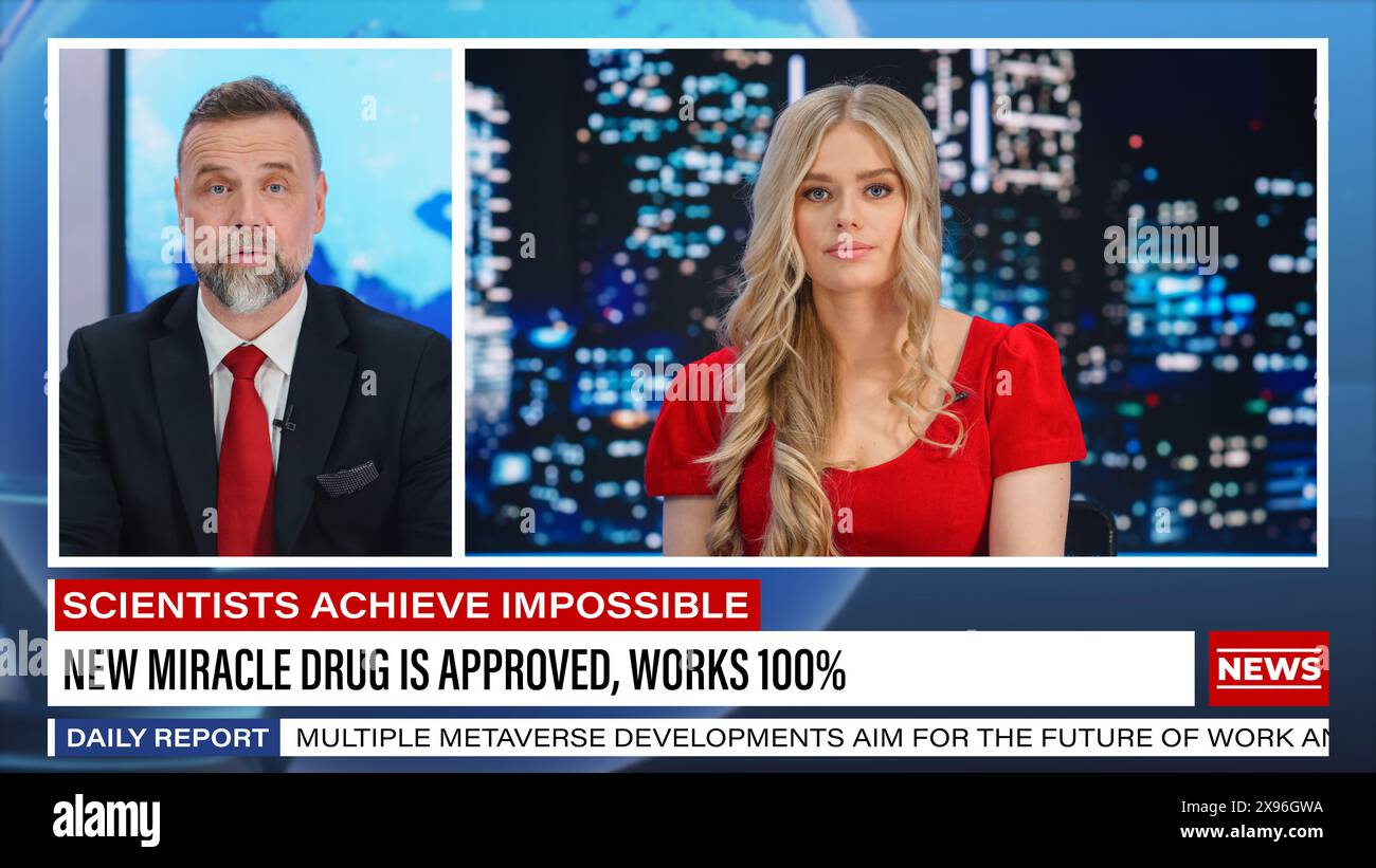 Split Screen: Two Anchors Talking TV Live News Segment. Presenters Discuss Business, Economy ...