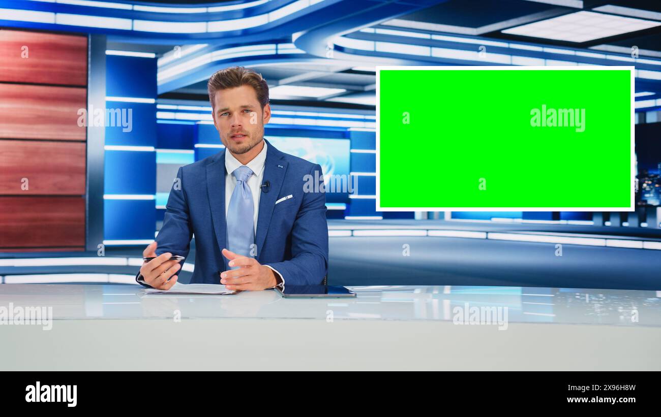 Newsroom TV Studio Live News Program: Caucasian Male Presenter ...