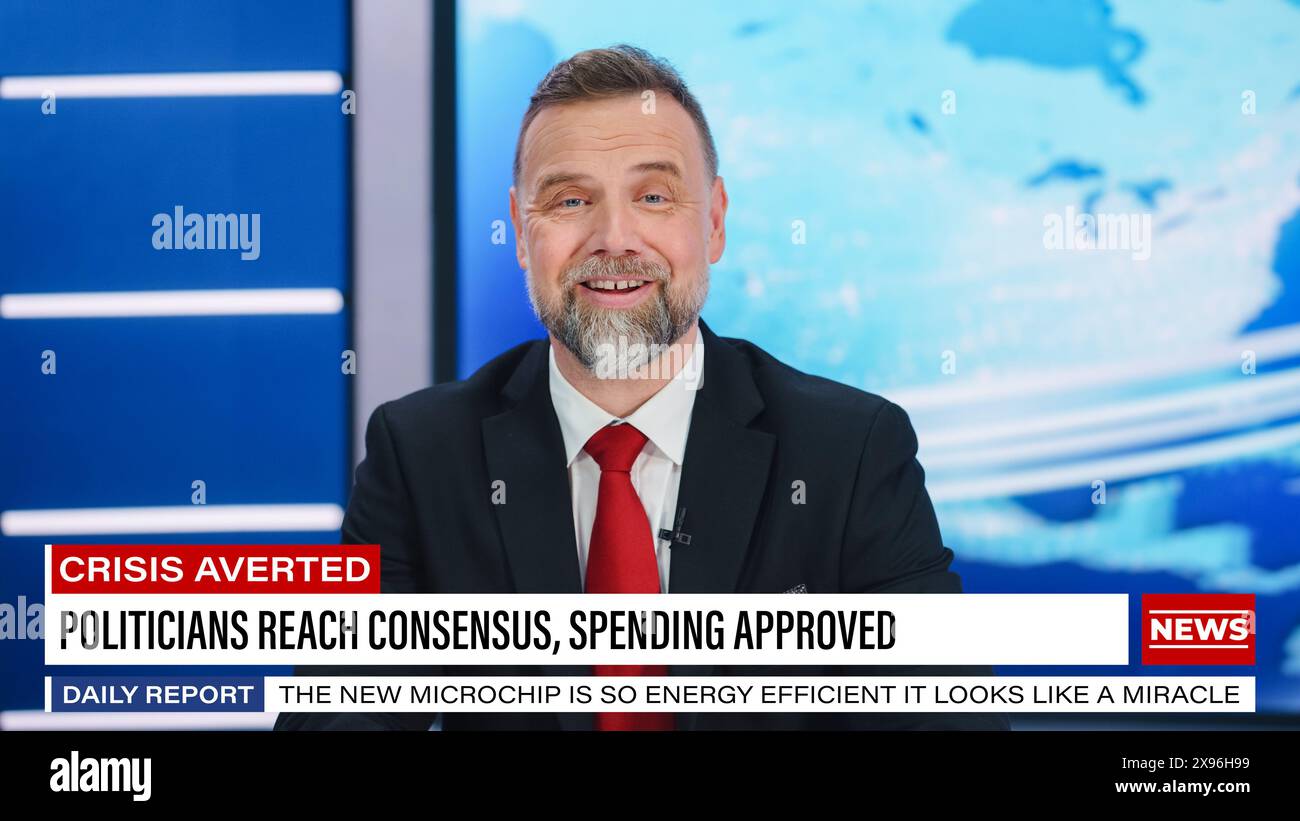 TV Live News Program: Presenter Reporting On the Events of the Day ...