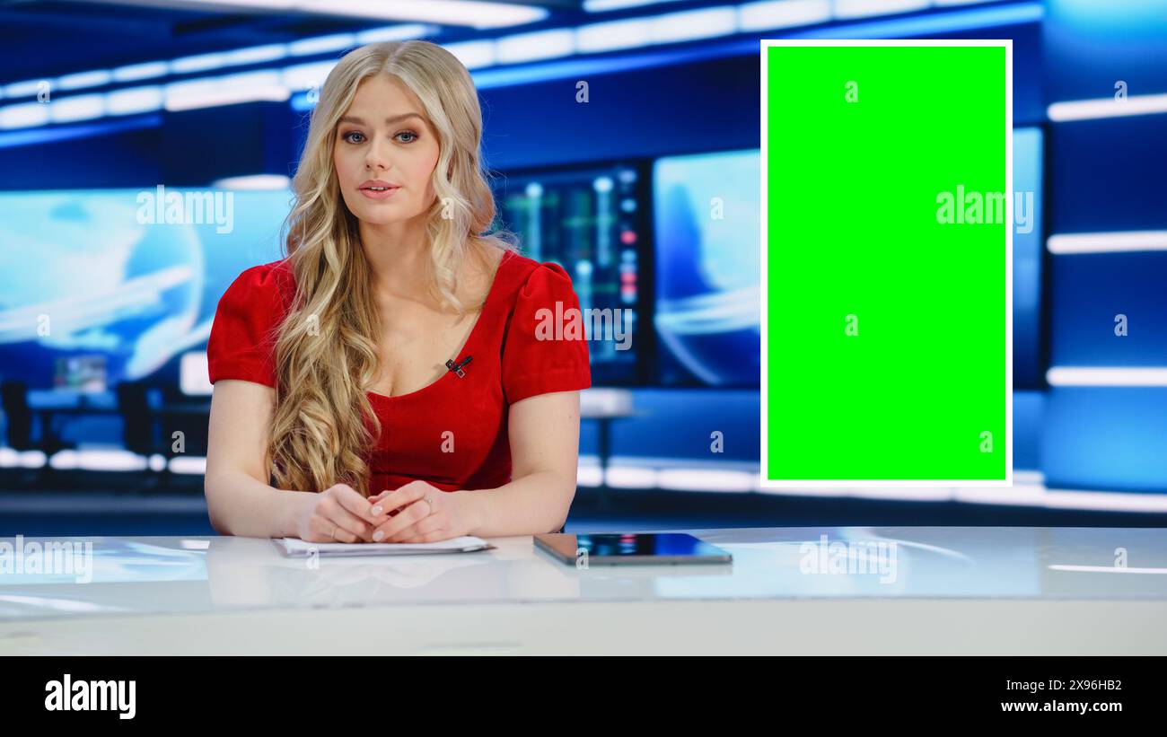 Split Screen TV News Live Report: Female Anchor Talks, Reporting ...