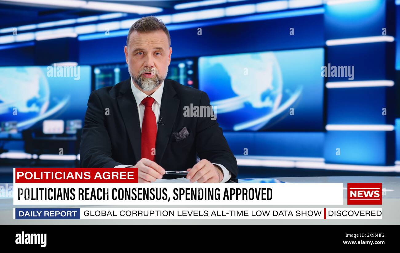 Late Night TV Talk Show Live News Program: Charismatic Male Anchor ...