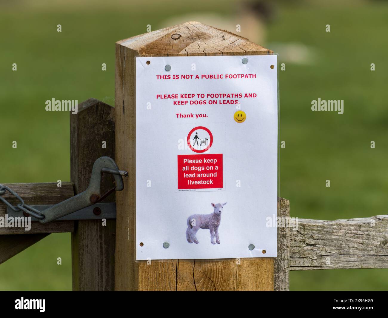 Keep dogs on leads warning notice on gate post to field with newborn ...
