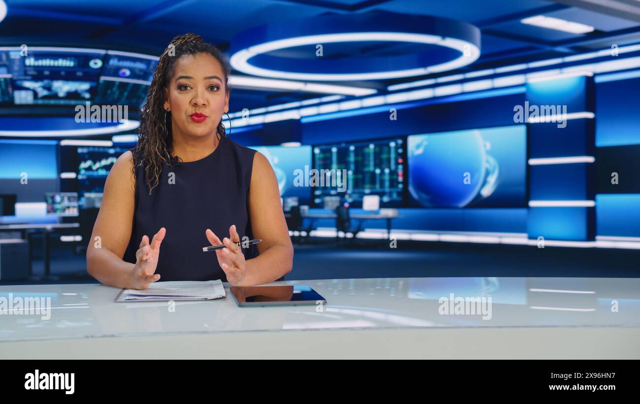 TV Live News Program with Professional Female Presenter Reporting ...