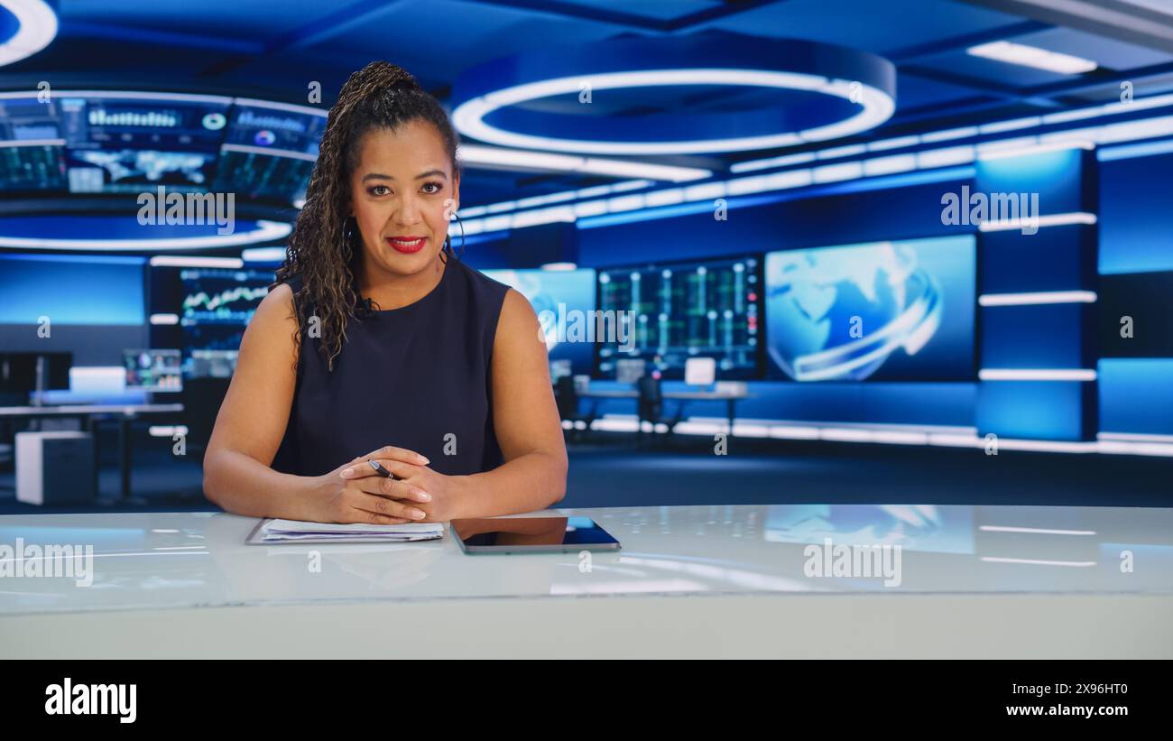 TV Live News Program: Professional Female Presenter Reporting on ...