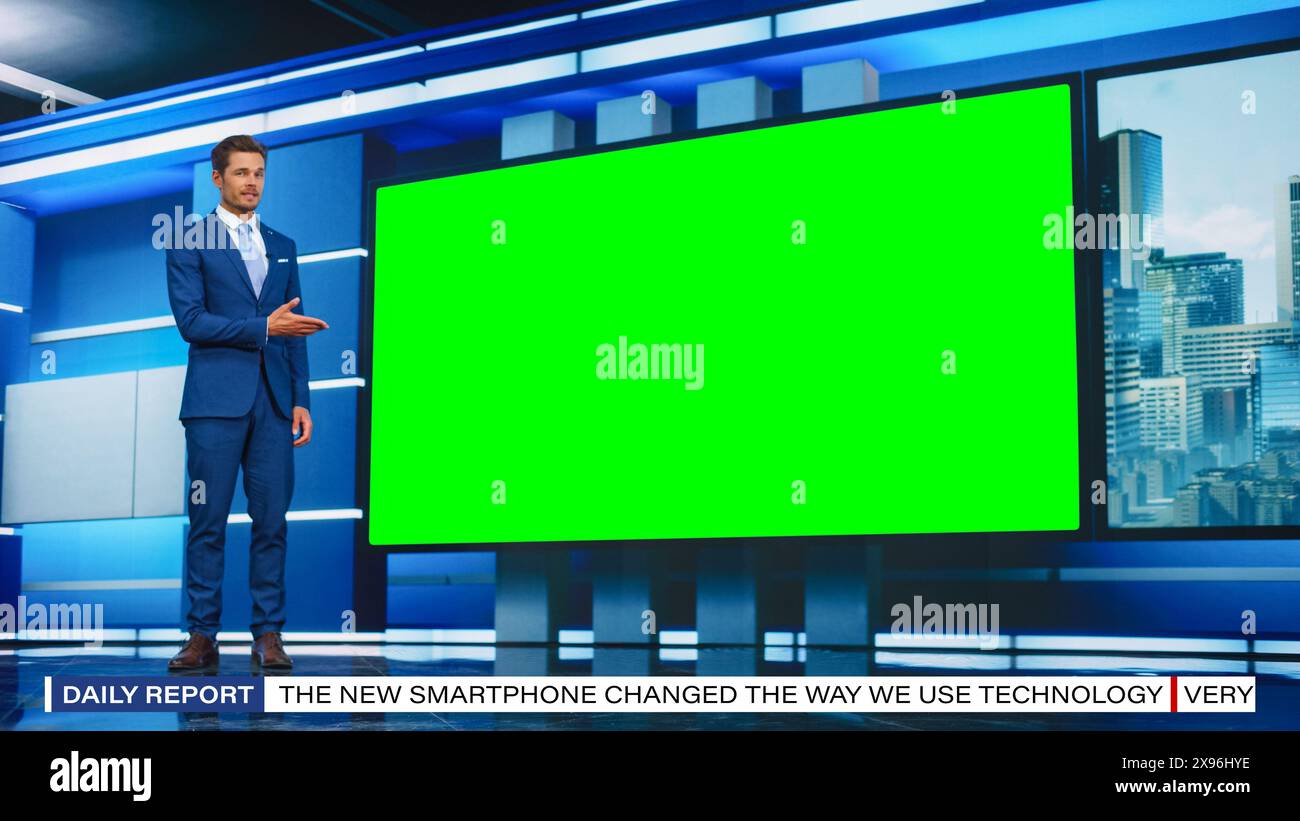 Talk Show TV Program: Handsome White Male Presenter Standing in ...