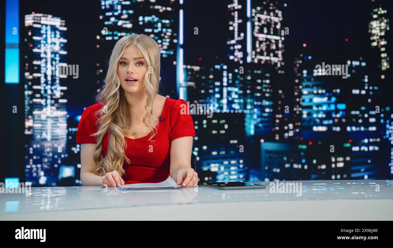 Newsroom TV Studio Live News Program: Female Presenter Reporting, Green ...